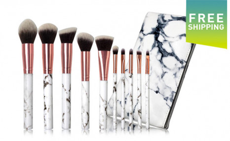 $25 for a 10-Piece Marble Makeup Brush Set with Cosmetic Zipper Bag (a ...